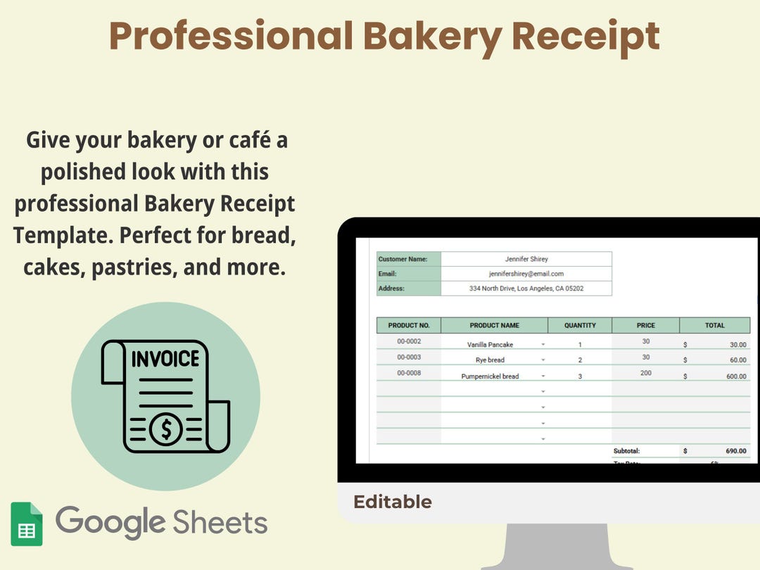 Bakery Receipt Template | Editable Google Sheets Invoice for Bakeries ...