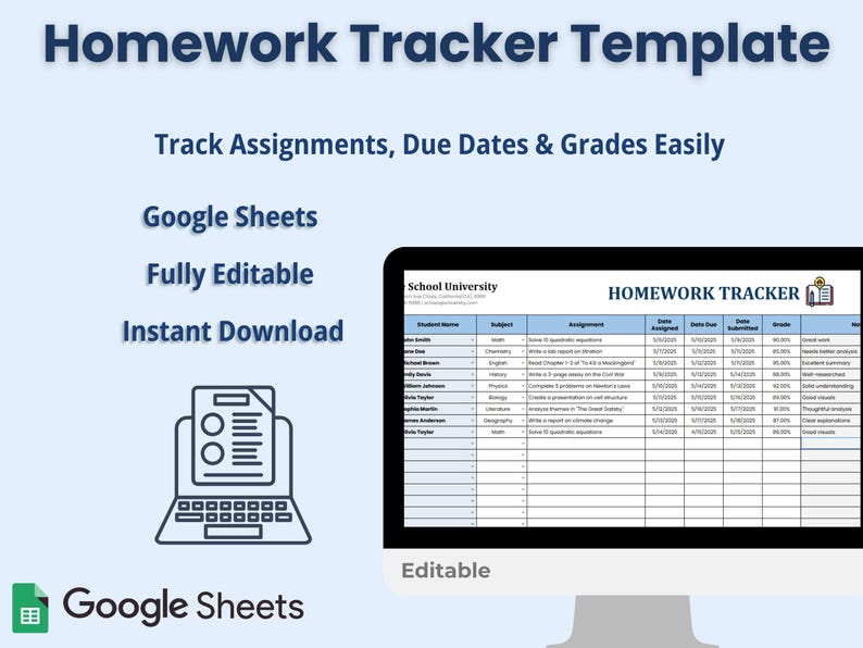 Student Homework Tracker | Google Sheets Assignment Grade Template ...