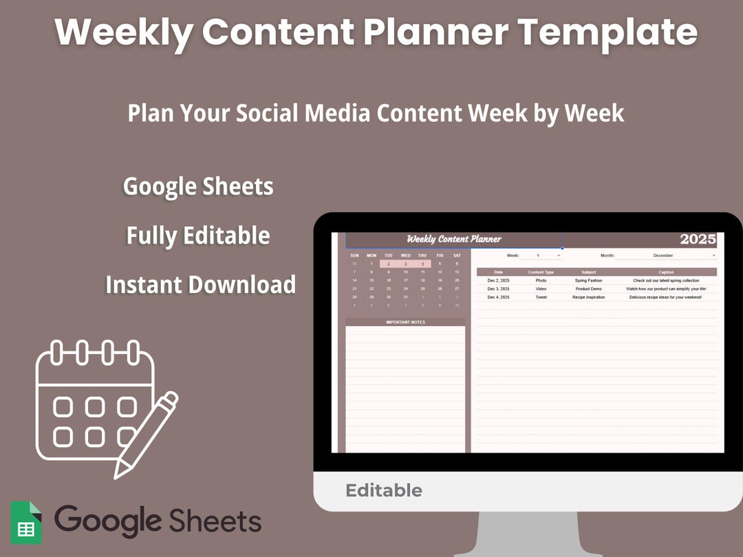 Weekly Content Planner Template | Social Media Calendar Google Sheets ...