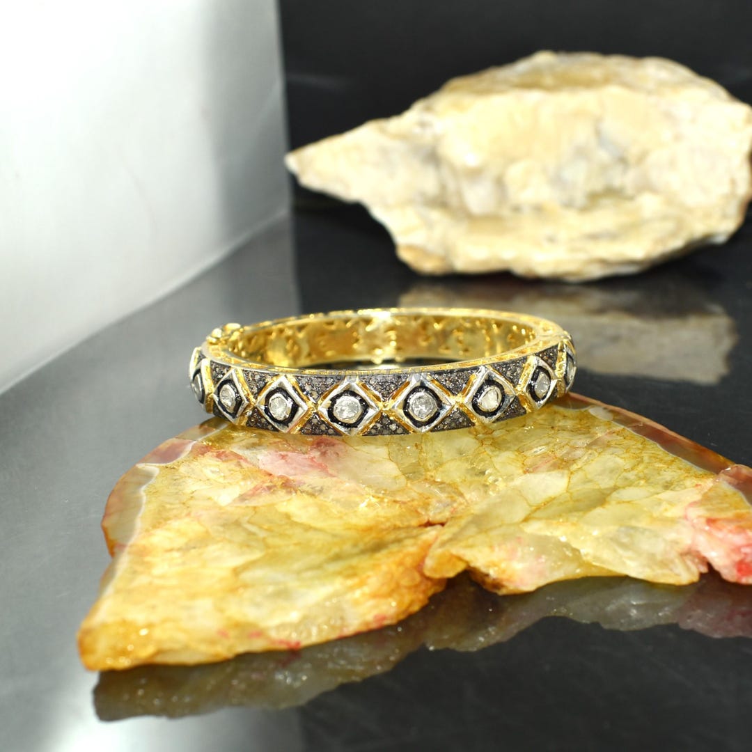 Elegant Coordinating Polki & Pave Diamond 925 Sterling Silver Bengal ...