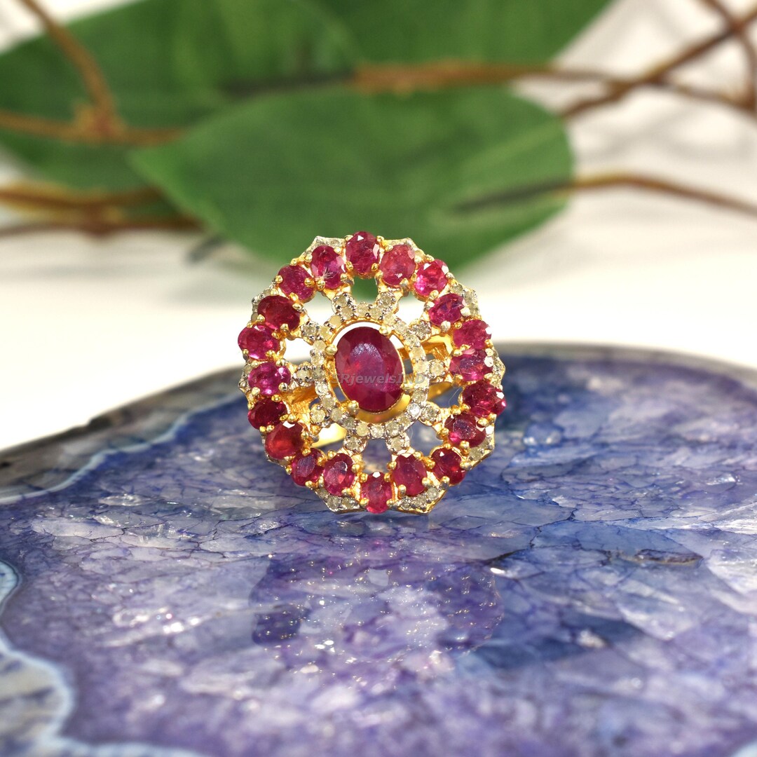 Floral Design Ruby & Diamond Rich Look 925 Sterling Silver Ring Fine ...