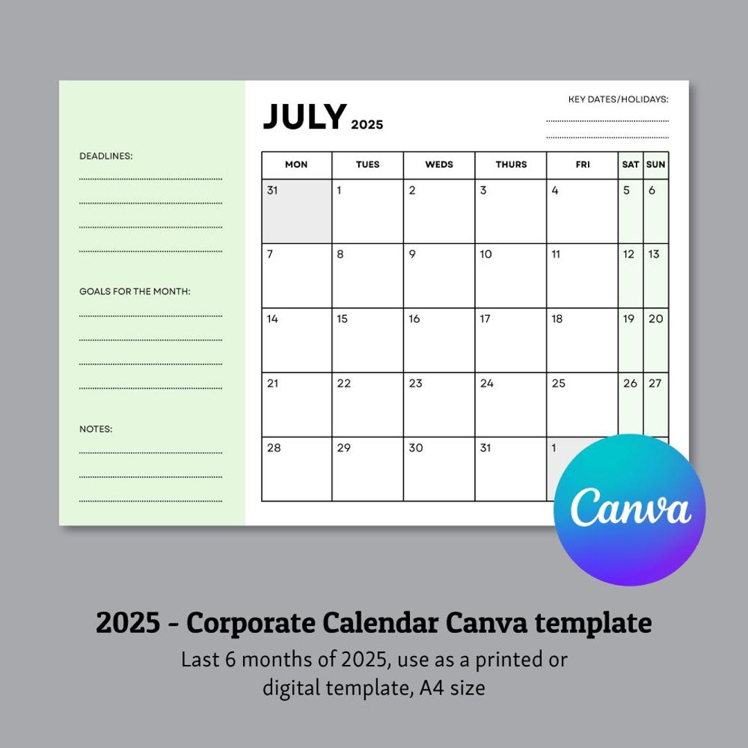2025 Working Week Calendar - Canva Template - Etsy