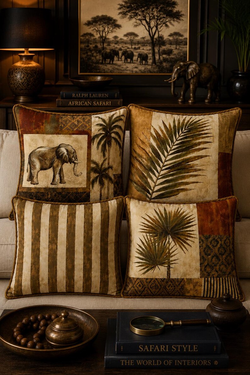 Safari Pillow Cover Set, African Elephant Palm Cushion, Boho Neutral ...