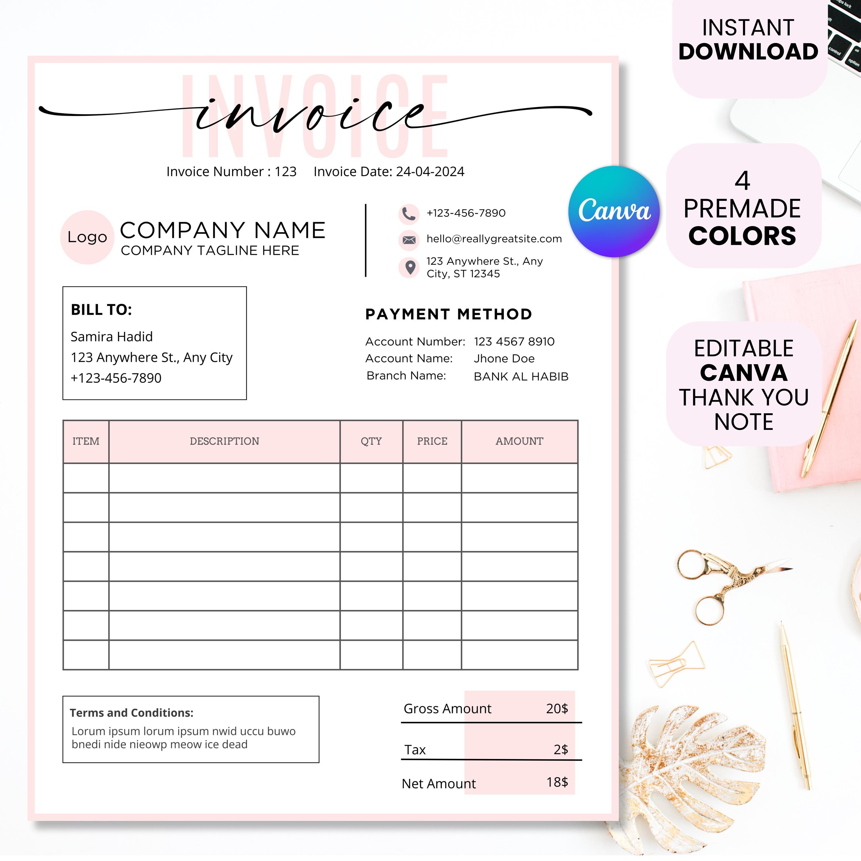 Editable Invoice Template: Modern Pink Form for Small Business (instant ...