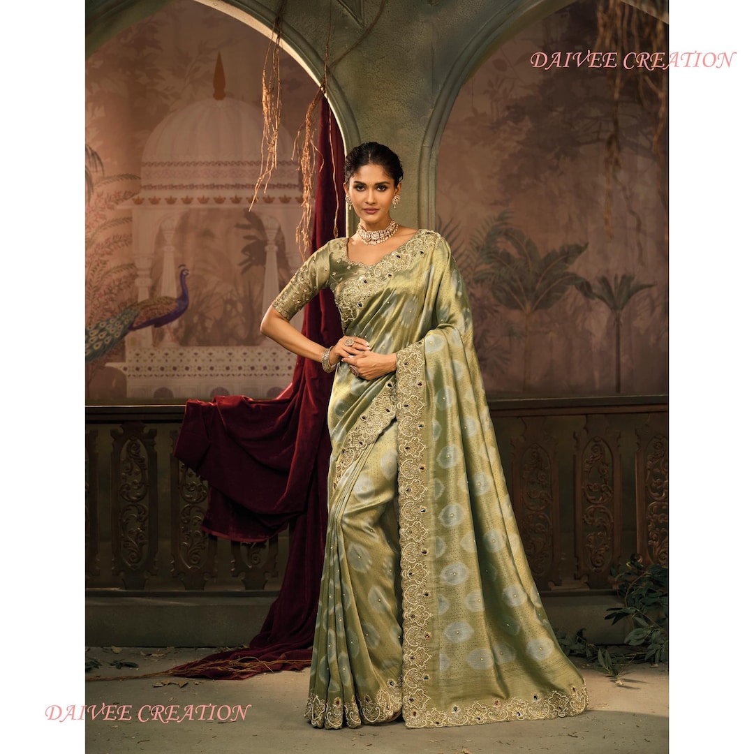 Embroidered Ziraf Silk Saree, Indian Wedding Sari, Un-stitched Blouse ...