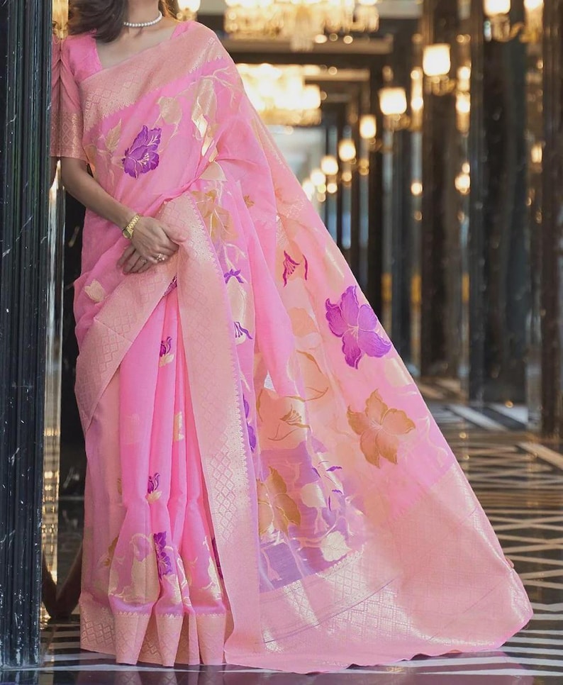 Pink Linen Saree : Indian Wedding Partywear, Festive, Diwali Saree - Etsy