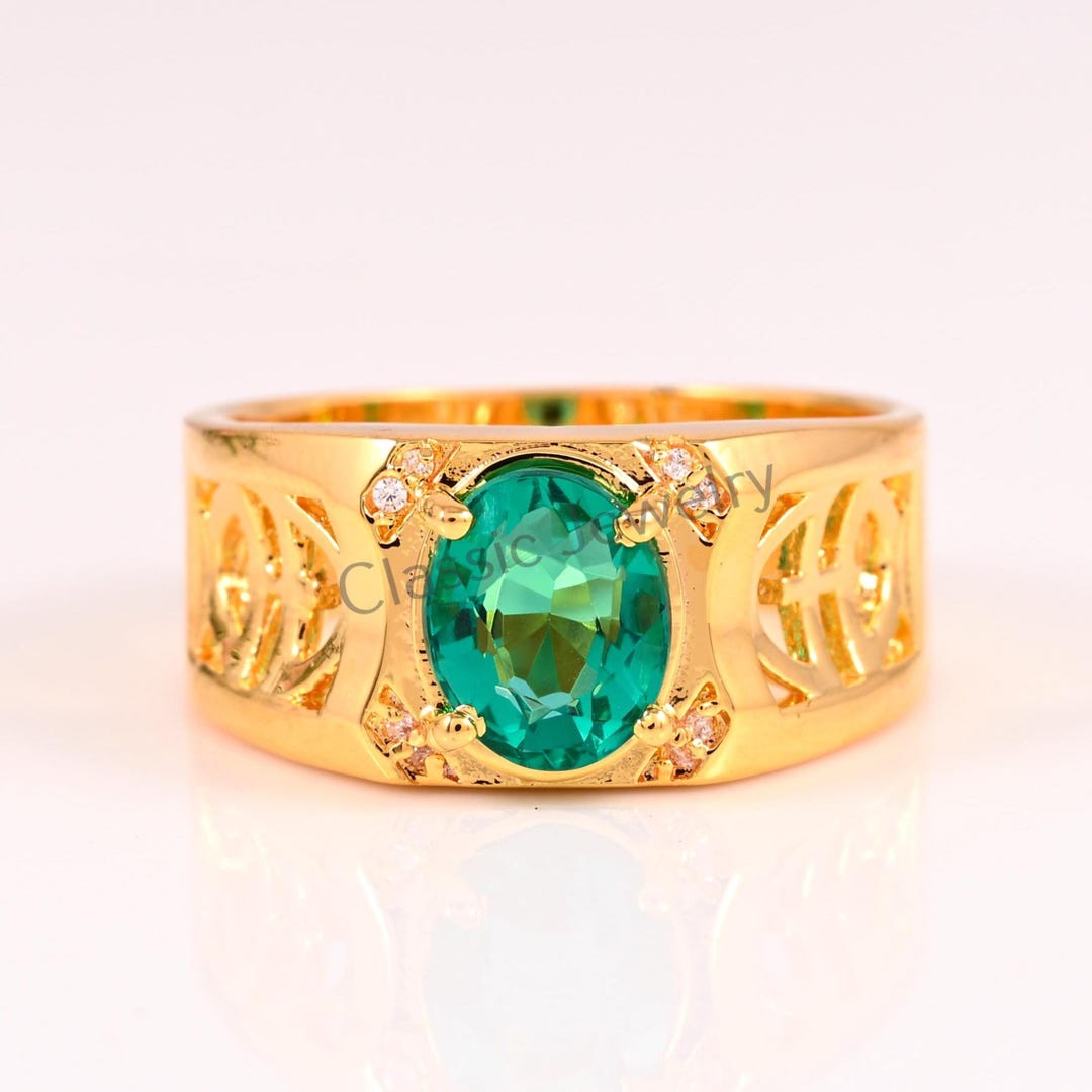 Lab Emerald Men Ring, 14K Solid Yellow Gold, Handmade Statement Ring ...