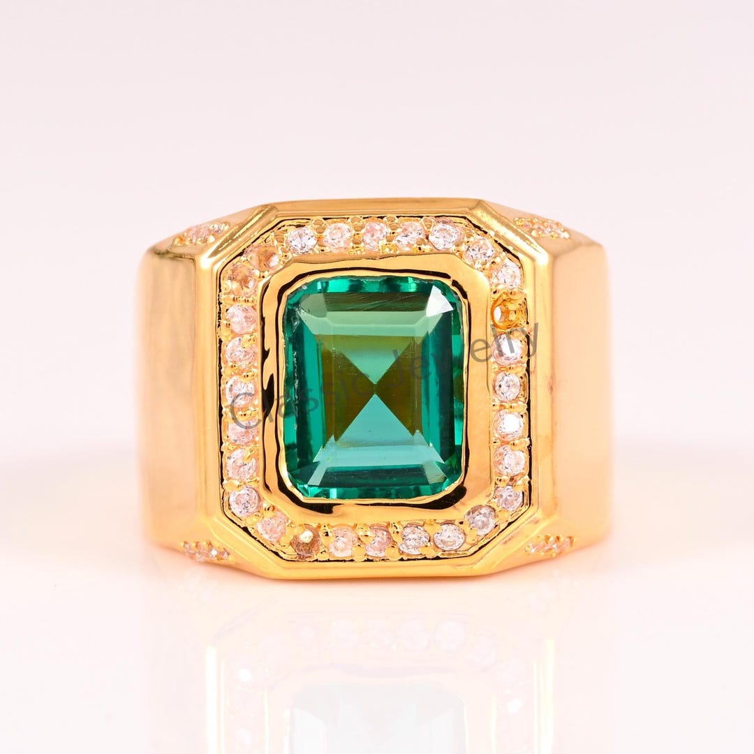 Lab Emerald Men Ring, 14K Solid Yellow Gold, Handmade Statement Ring ...