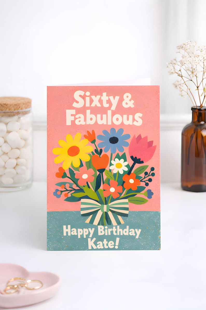 60th Birthday Card for Her, Personalised Name, Floral Sixty for Mum ...
