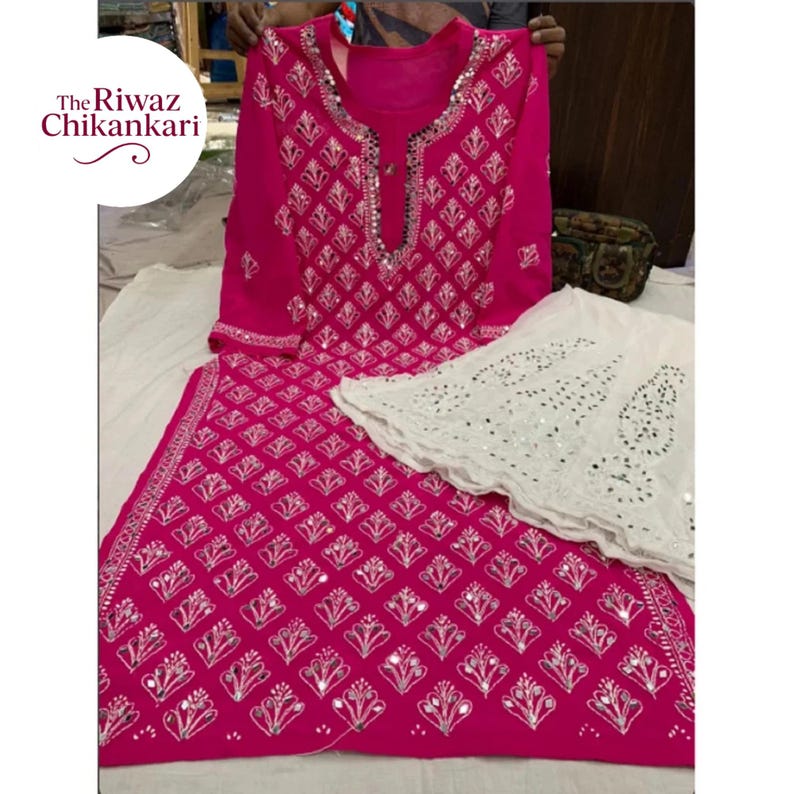 Chikankari Kurti Hand Embroidered Women Long Mirror Work Kurta for ...