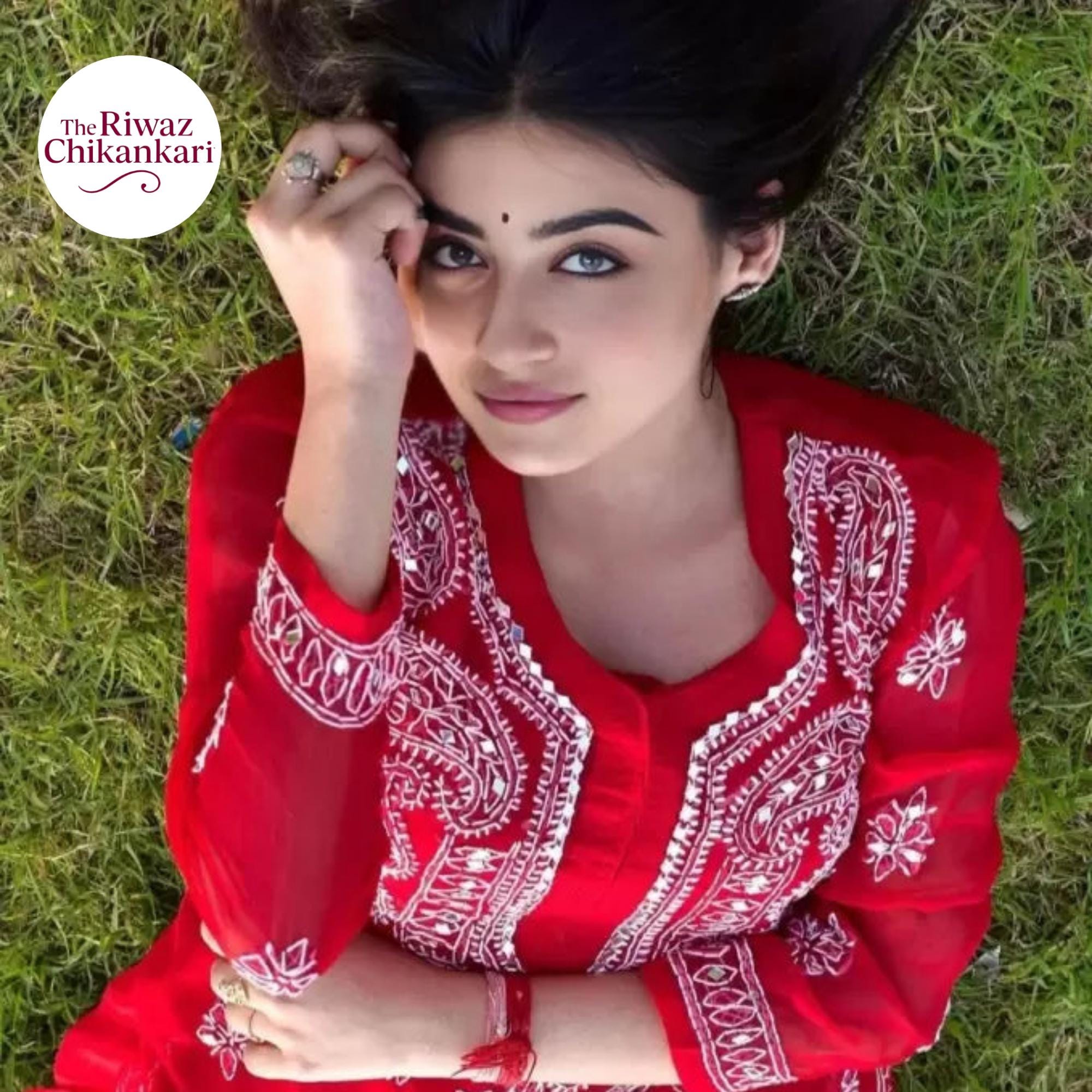Red Chikankari Kurti Hand Embroidered Women Long Mirror Work Kurta for ...