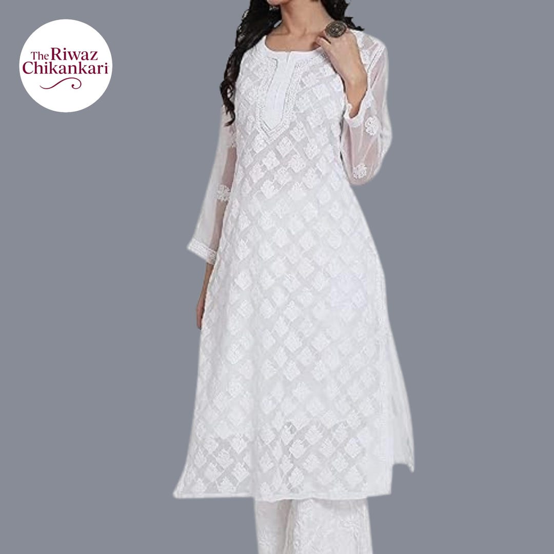 The Riwaz Chikankari - Women White Chikankari Georgette Kurta, Hand ...