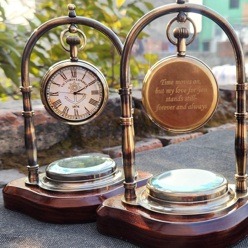 Personalized Brass Desk Clock With Compass, Engraved Nautical Decor ...