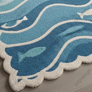 Blue White Fish Wave Layered Hand Tufted Scalloped Wool Rug, Modern ...