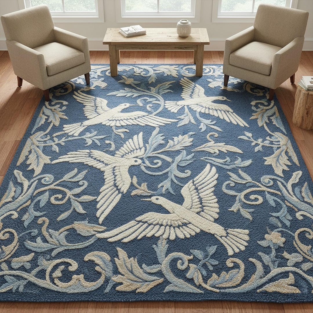 Blue Cream Hand Tufted Wool Rug, Custom Avian Bird Design Rug ...