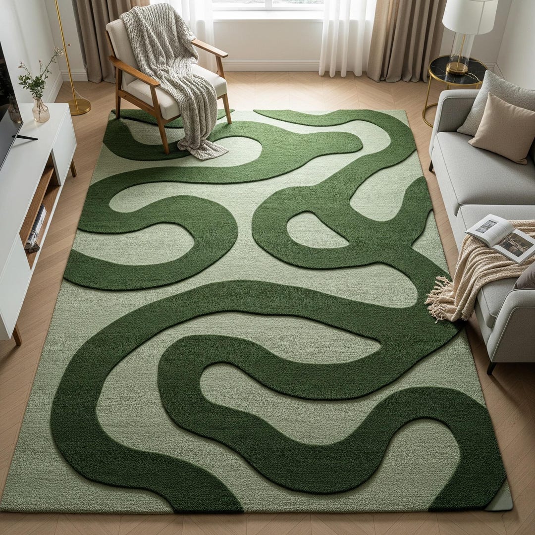 Forest Sage Green Layered Texture Hand Tufted Wool Rugs for Bedroom ...