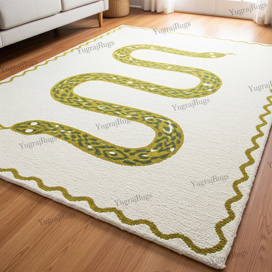 Off White Snake Design Wavy Border Hand Tufted Wool Area Rug for Kids ...