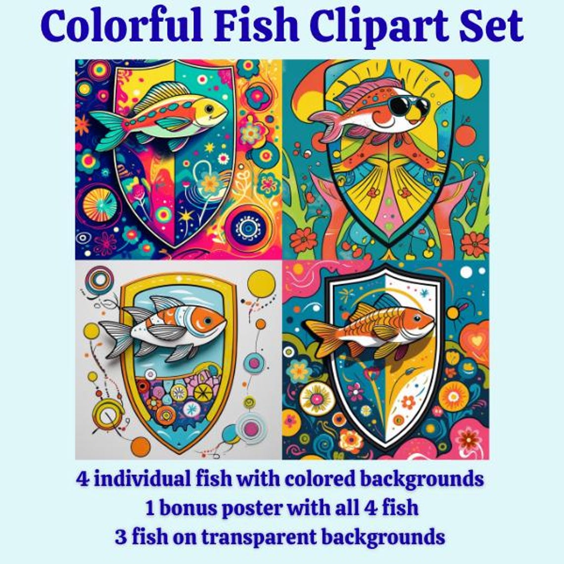 Colorful Fish Clipart Set: Ocean Animal Illustrations (digital Download ...