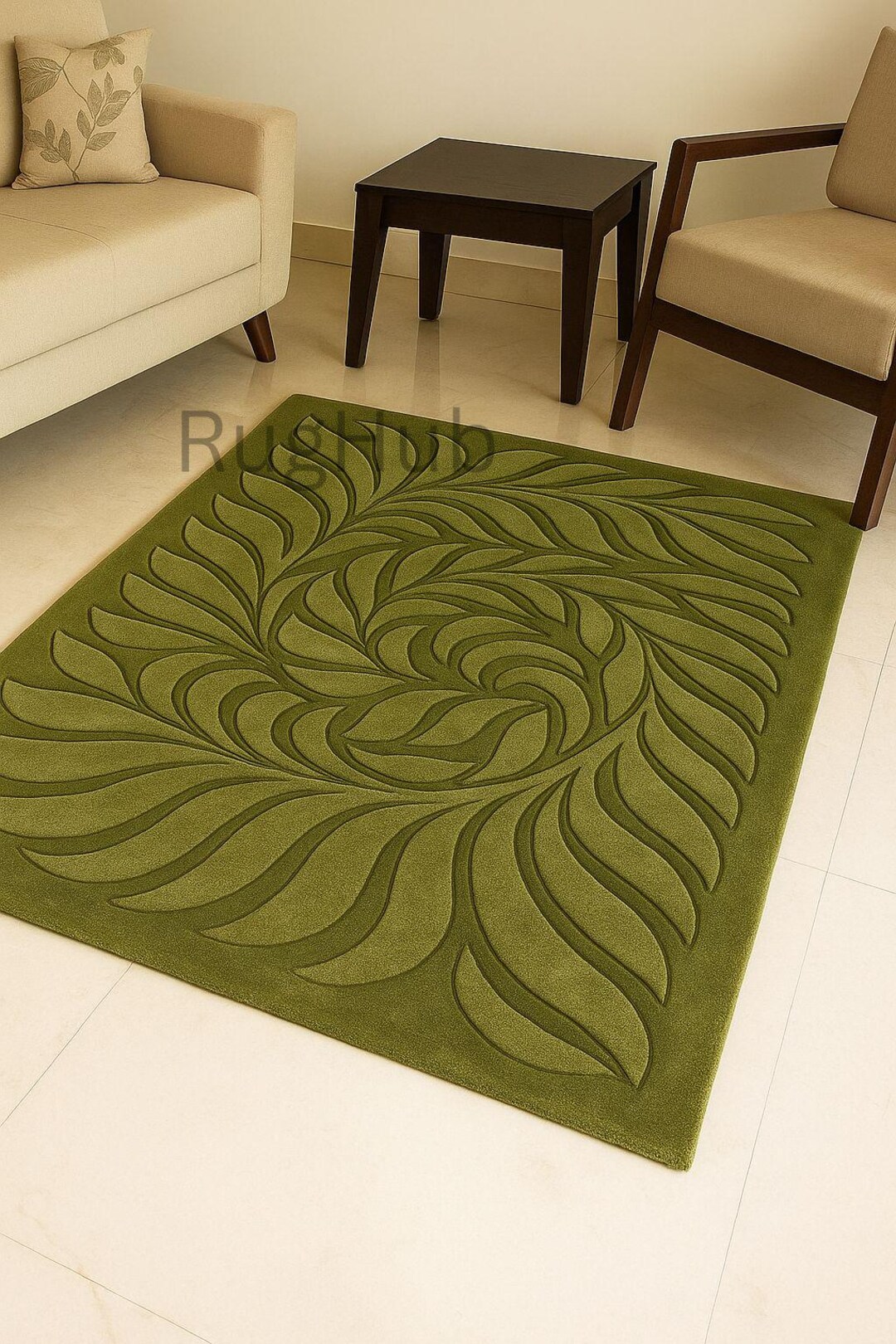 Olive Green Textured Rug – Modern Botanical Carved Wool Carpet ...