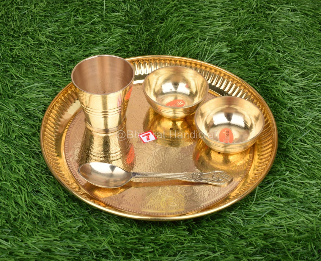 Brass Puja Thali Set | Hindu Worship Plate With Bowls Spoon Glass ...