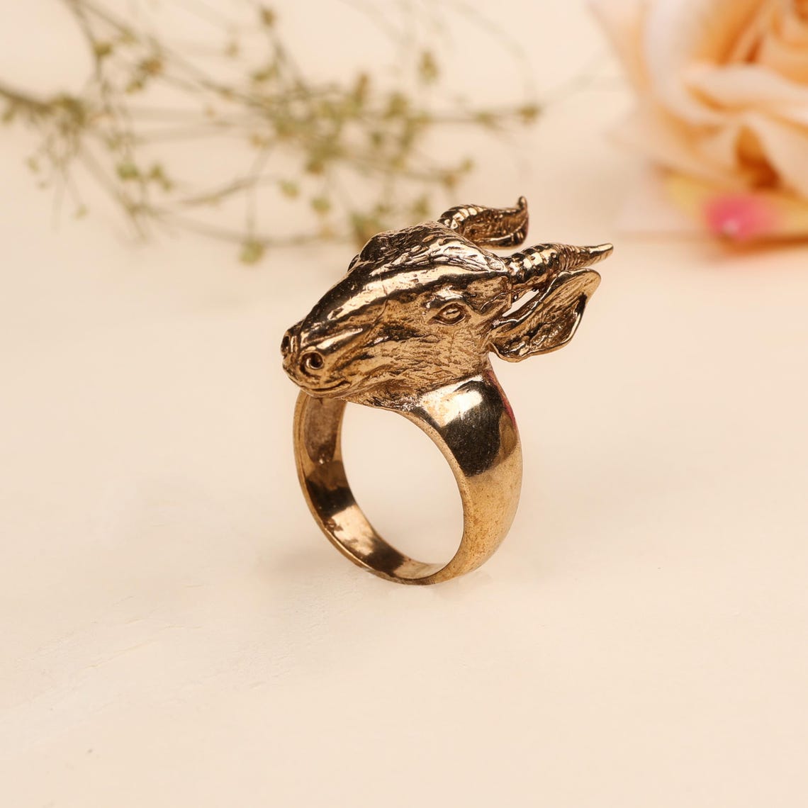 Gold Deer Head Statement Ring: Antique Brass Viking Jewelry, - Etsy