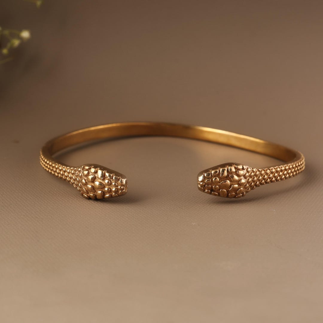 Snake Head Gold Cuff Bracelet, Handmade Tribal Jewelry, Adjustable ...
