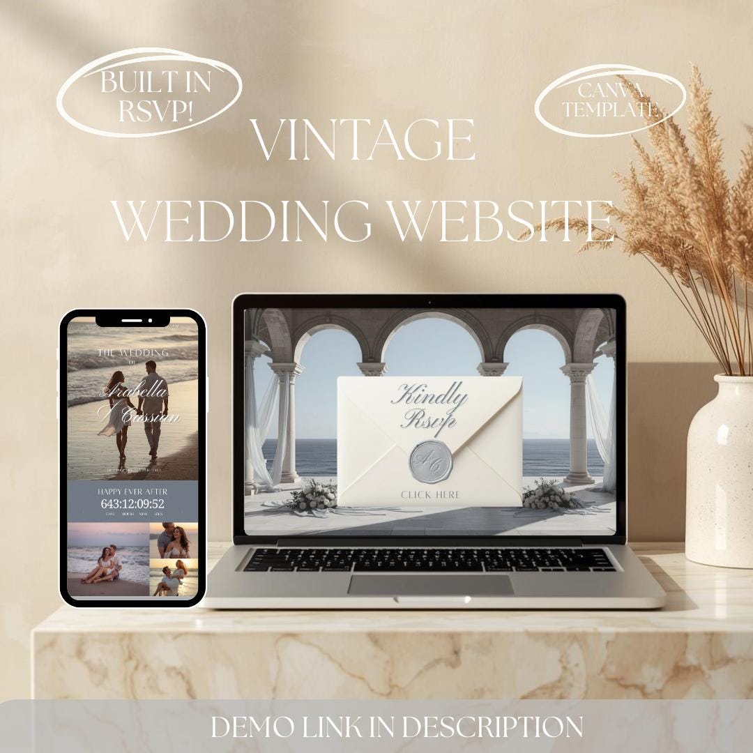 Coastal Vintage Wedding Website Template Canva | Elegant Beach Wedding ...