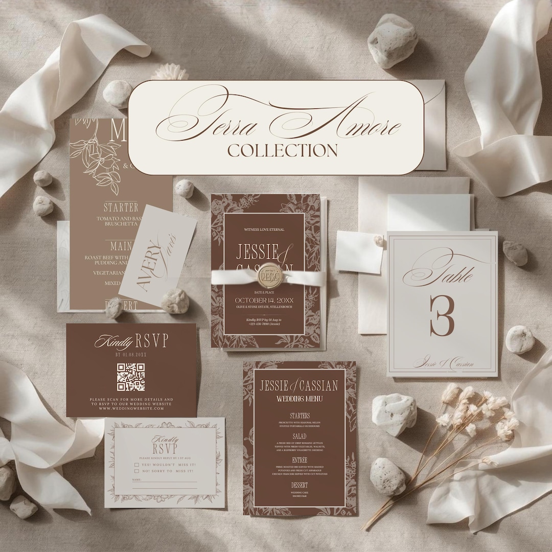 Elegant Earth Tone Wedding Invitation Suite, Neutral Brown Canva ...
