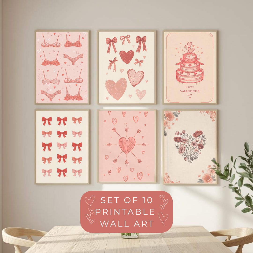 Valentine’s Day Wall Decor Printable Set, Pink Romantic Home Art With ...