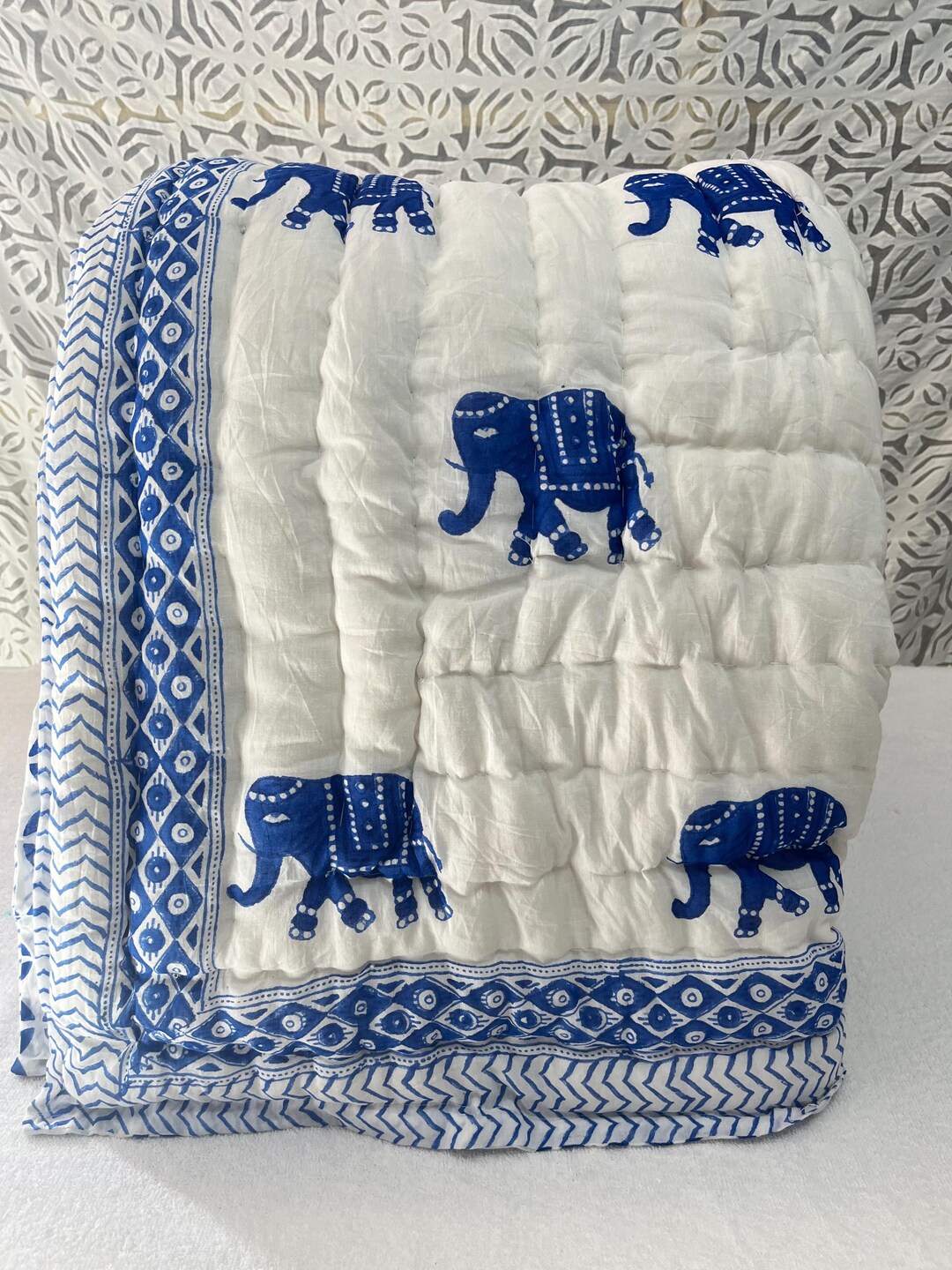 Blue Elephant Block Print Cotton Quilt, Handmade Jaipuri Razai - Etsy