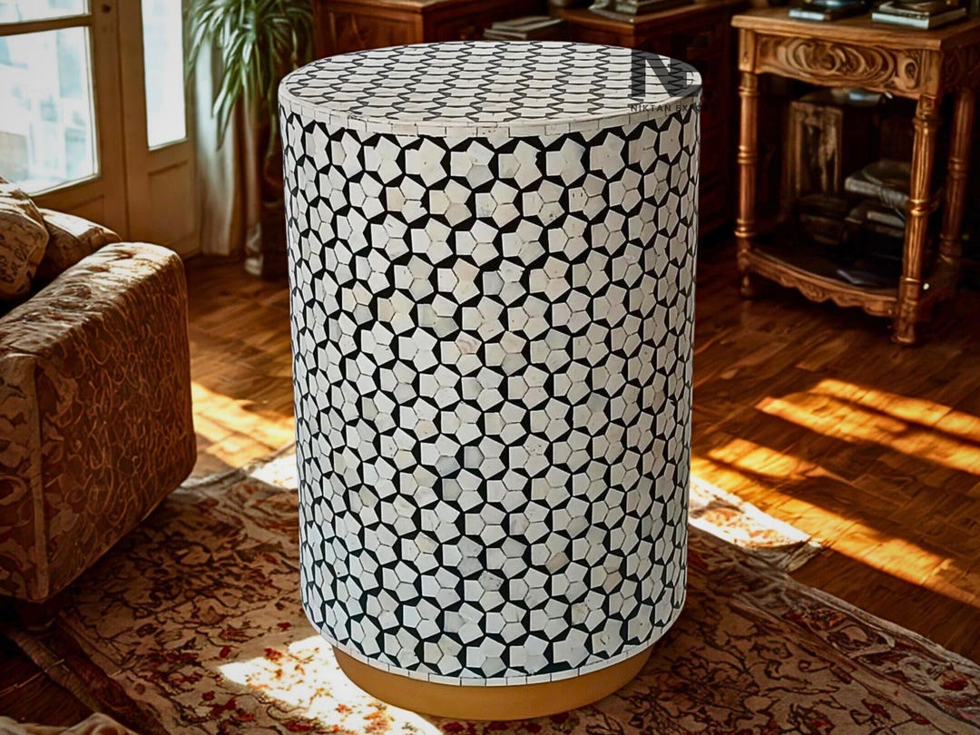 Floral Bone Inlay End Table – Handmade Accent Table, Modern Living Room ...