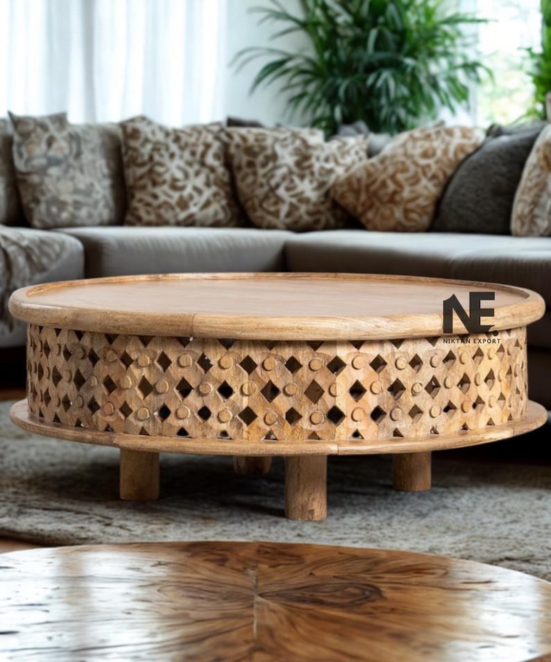 Boho Lattice Coffee Table – Handcarved Mango Wood Center Table, Modern ...