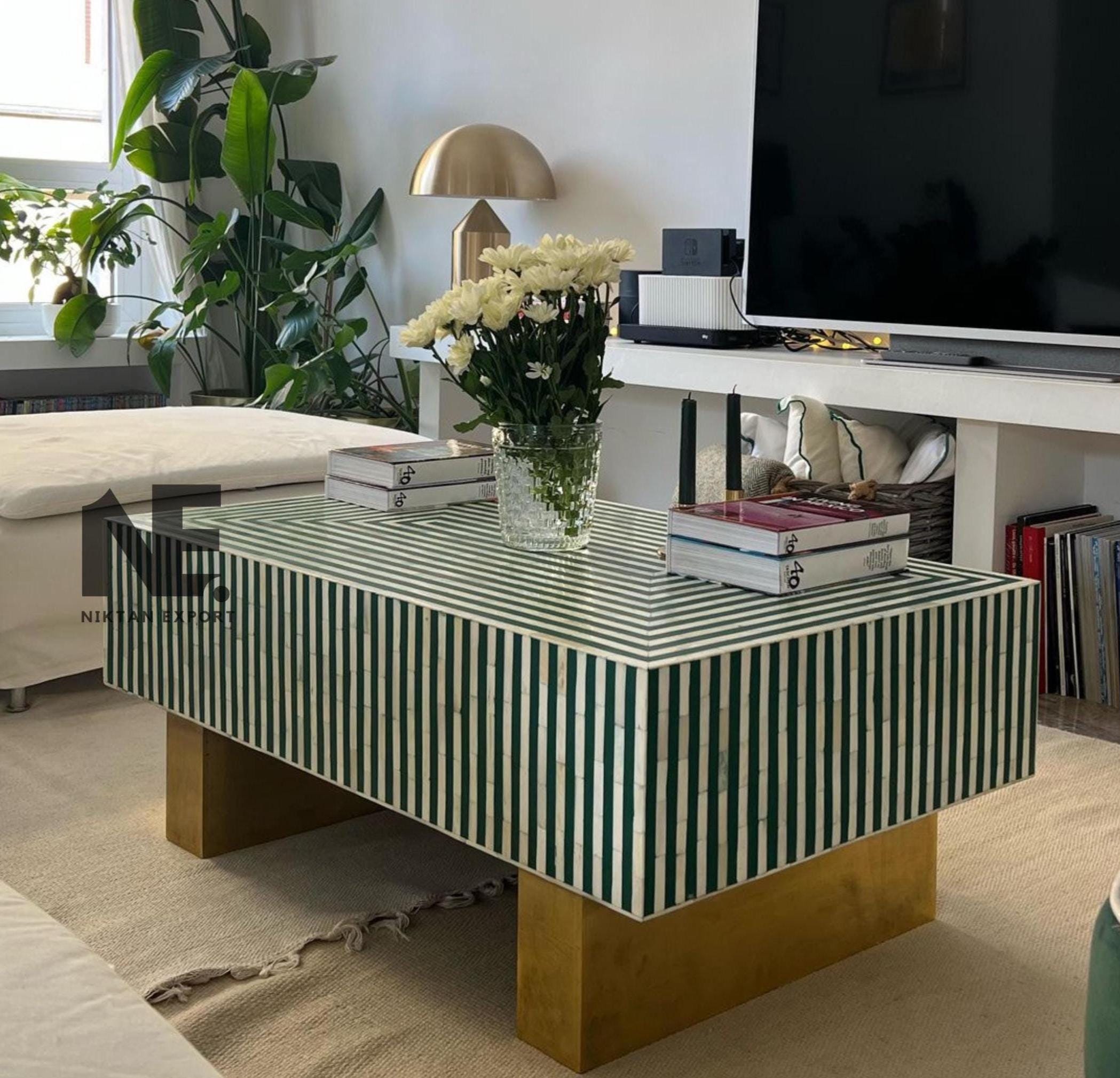 Green Bone Inlay Coffee Table – Handmade Boho Center Table, Modern ...
