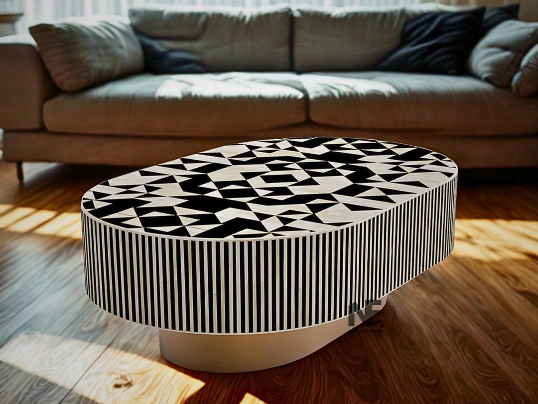 Jordan Oval Bone Inlay Coffee Table Black Handmade With MOP Striped ...