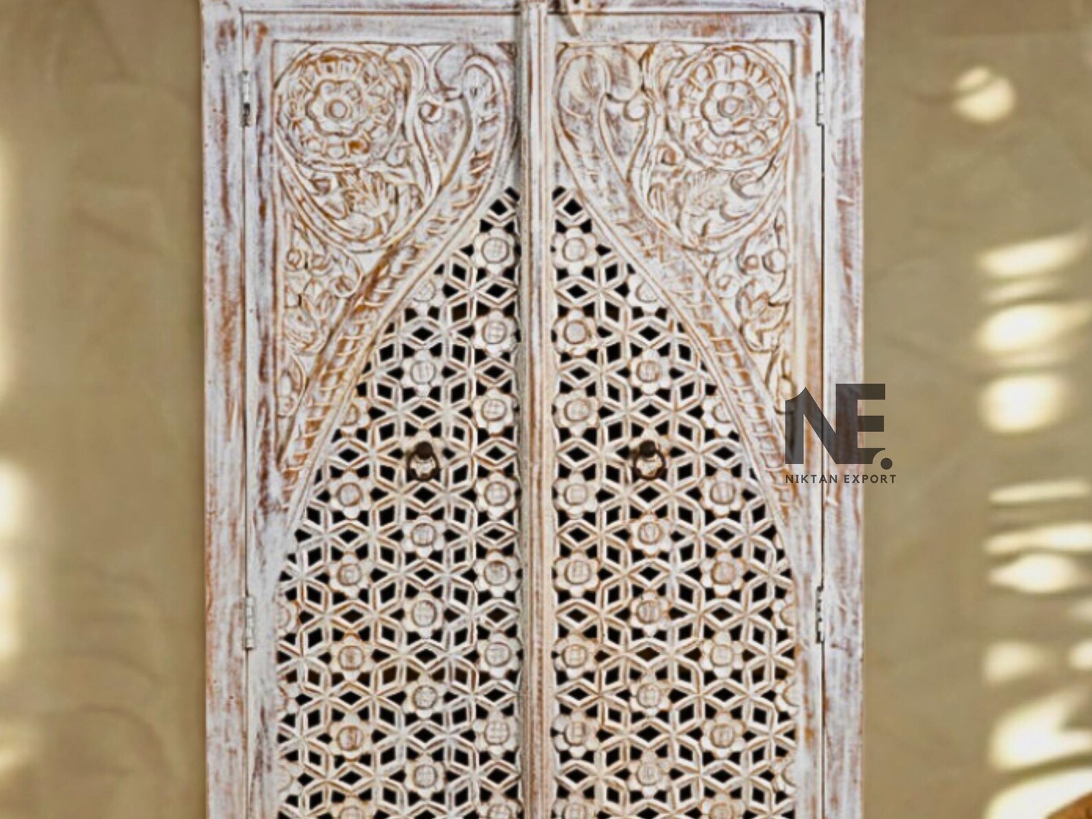 Hand‑carved Mango Wood Wardrobe – Whitewashed Moroccan Armoire ...