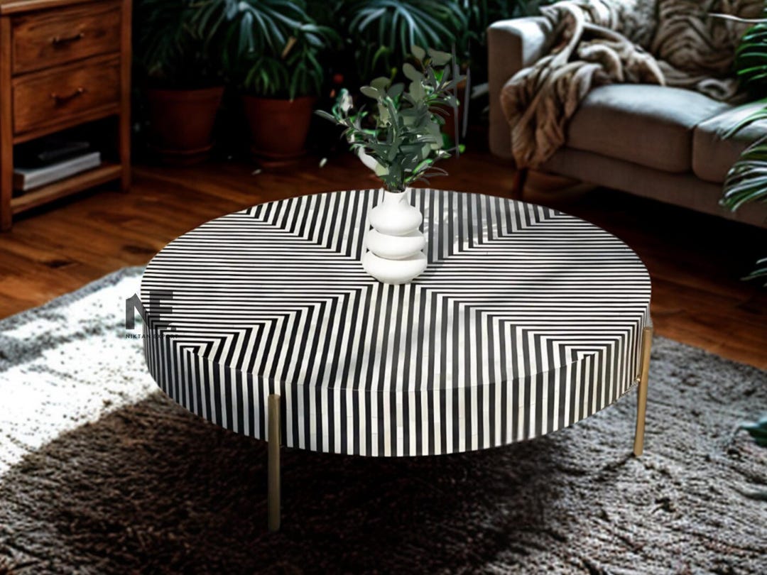 Black Stripe Bone Inlay Round Coffee Table – Handmade Center Table With ...