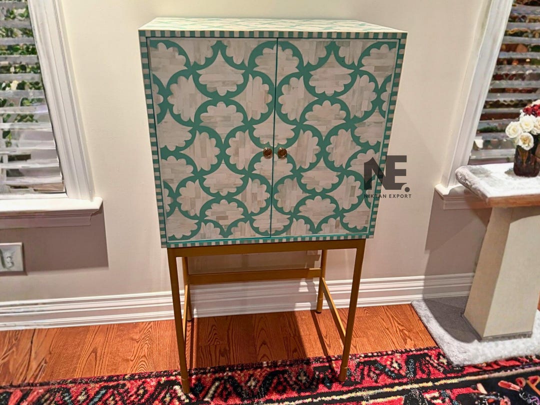 Teal Bone Inlay Bar Cabinet – Handmade Drinks Storage, Luxury Living ...