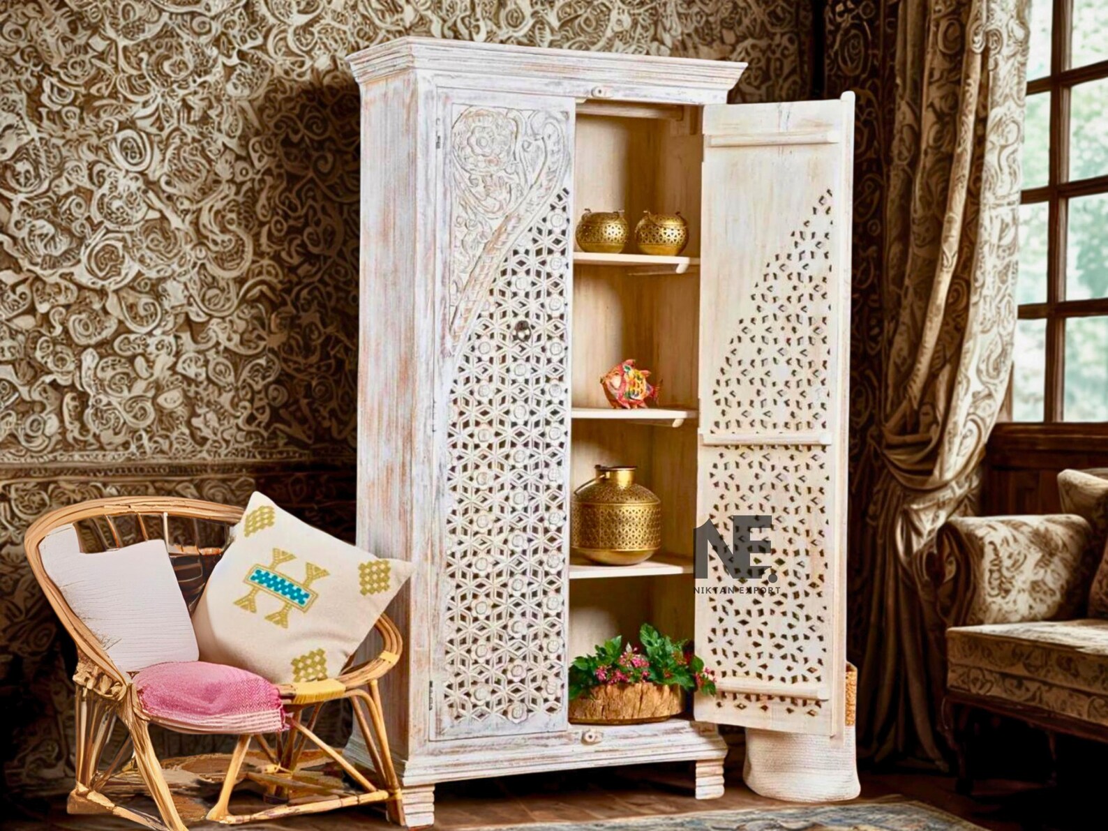Hand‑carved Mango Wood Wardrobe – Whitewashed Moroccan Armoire ...