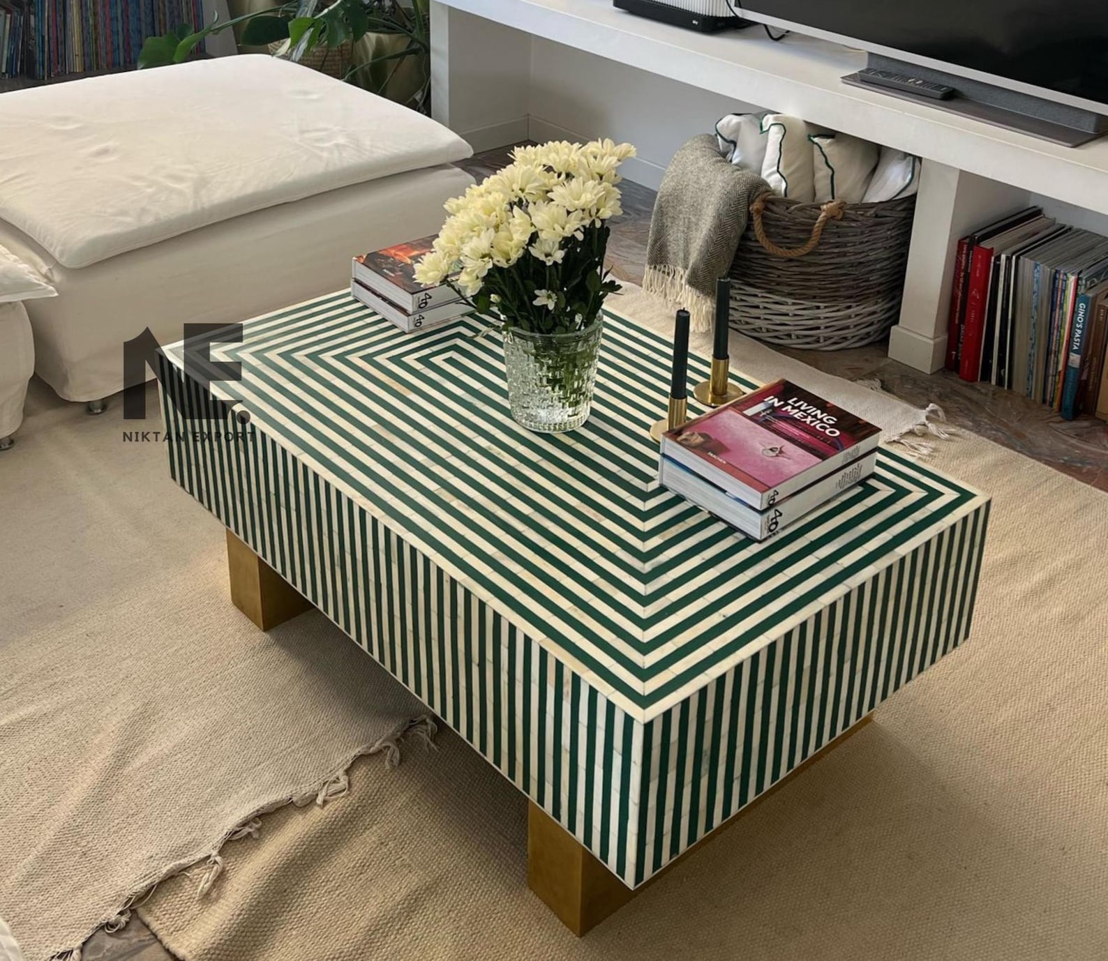Green Bone Inlay Coffee Table – Handmade Boho Center Table, Modern ...