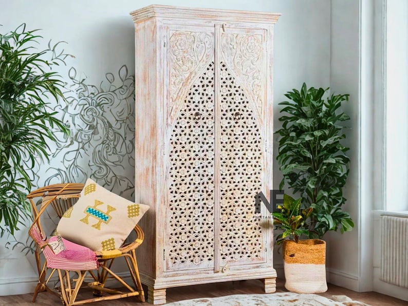 Hand‑carved Mango Wood Wardrobe – Whitewashed Moroccan Armoire ...