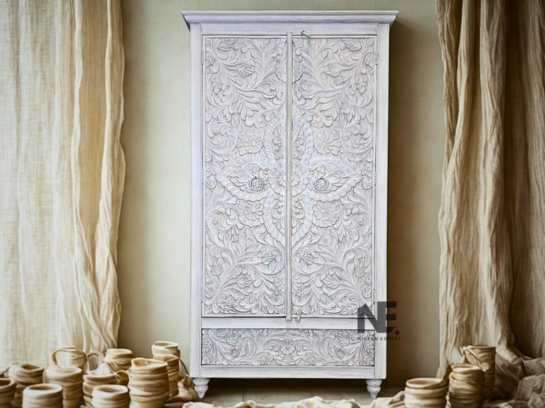 Hand Carved Mango Wood Wardrobe | Whitewashed Floral Armoire | Solid ...