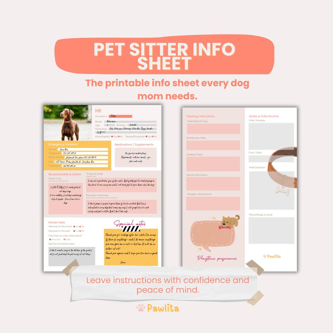 Pet Sitter Information Sheet: Printable Dog Care Instructions Template ...