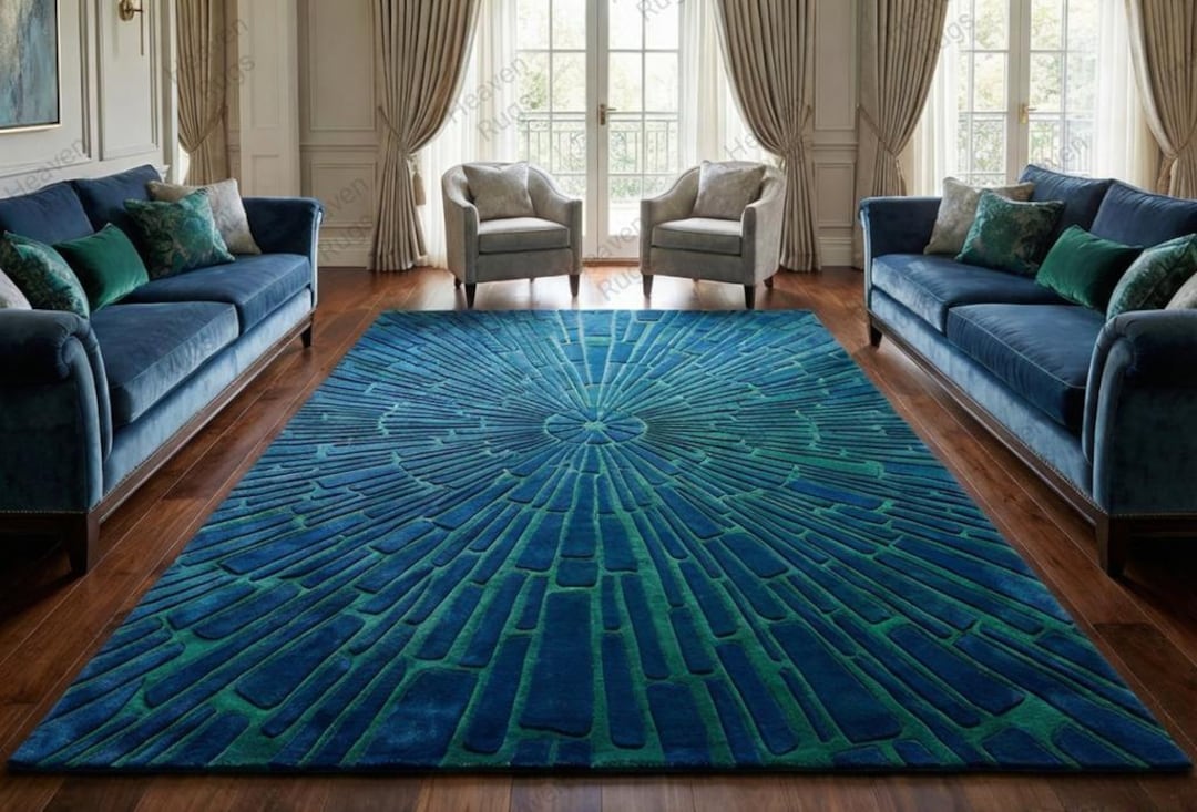 Hand Tufted Modern Blue Green Abstract Area Rug Luxury Geometric ...
