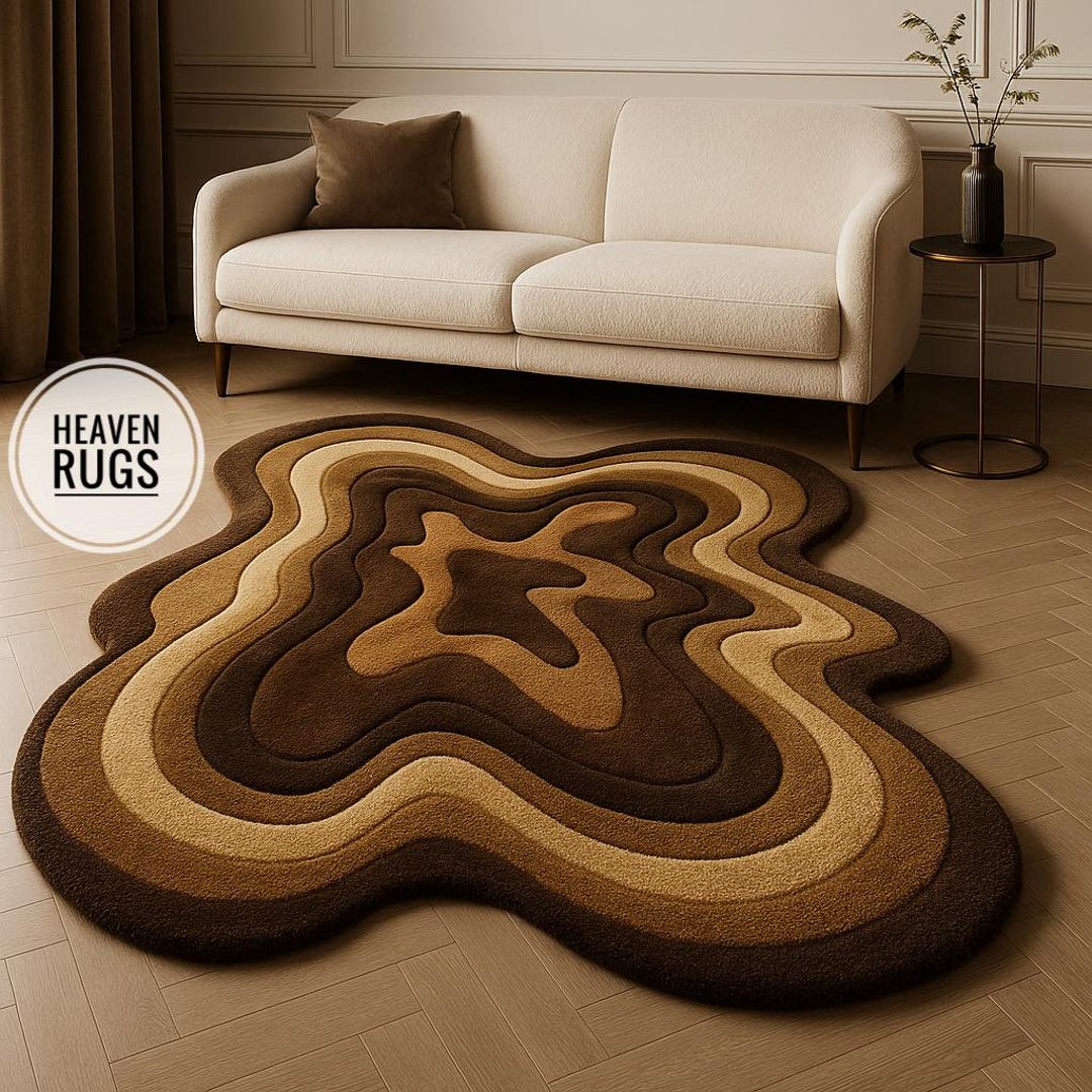 Hand Tufted Abstract Wavy Area Brown Beige Organic Shape Carpet Modern ...