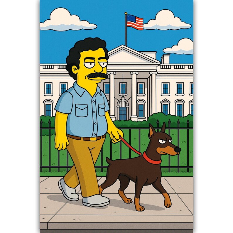 Pablo Escobar Walking a Doberman Dog Outside the White House – Cartoon ...