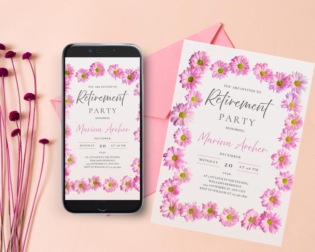 Editable Retirement Party Invitation Template, Minimalist Pink Floral ...