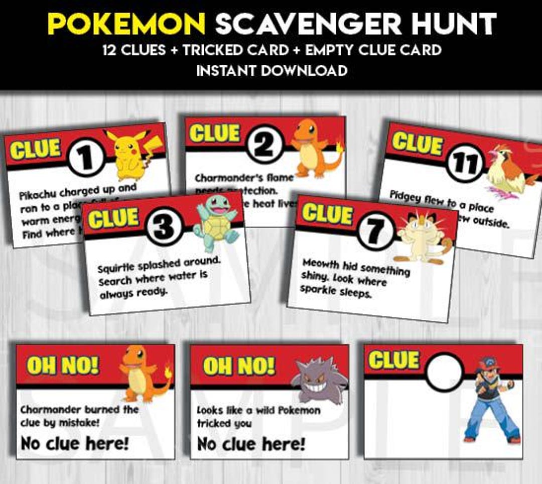Pokémon Scavenger Hunt Clues Riddles Game | Pokemon Party Birthday ...