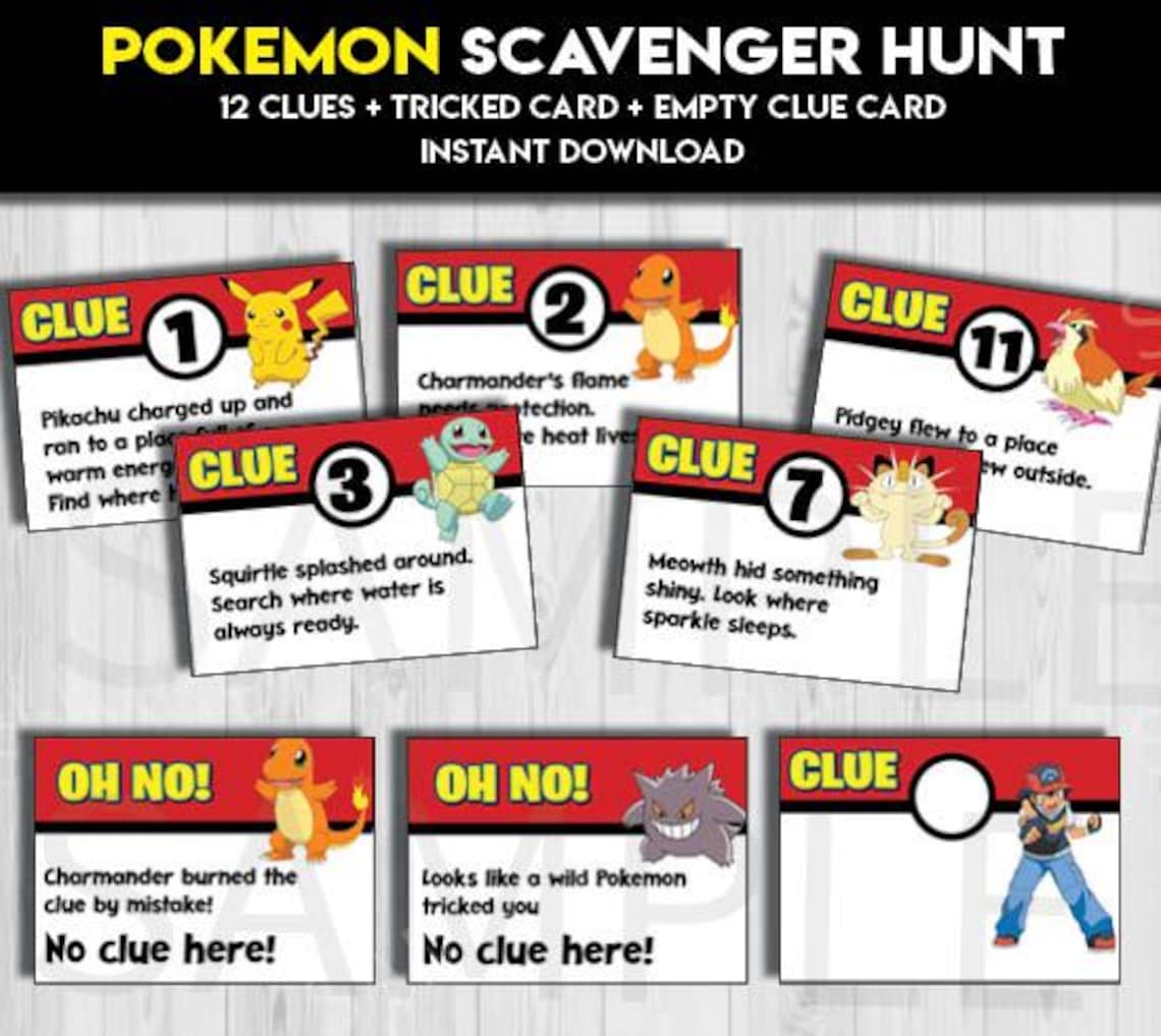 Pokémon Scavenger Hunt Clues Riddles Game | Pokemon Party Birthday ...