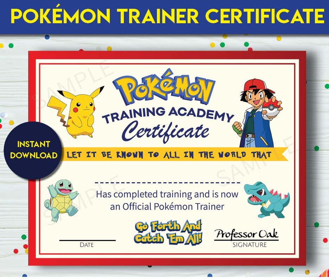 Pokemon Certificate | Trainer Printable Birthday Party Activities ...