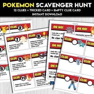 Pokémon Scavenger Hunt Clues Riddles Game | Pokemon Party Birthday ...